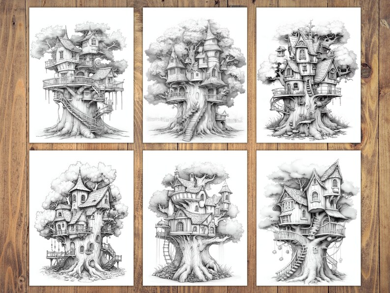 30 Fantasy Treehouse Coloring Pages, Grayscale Coloring Book (PDF) - Etsy