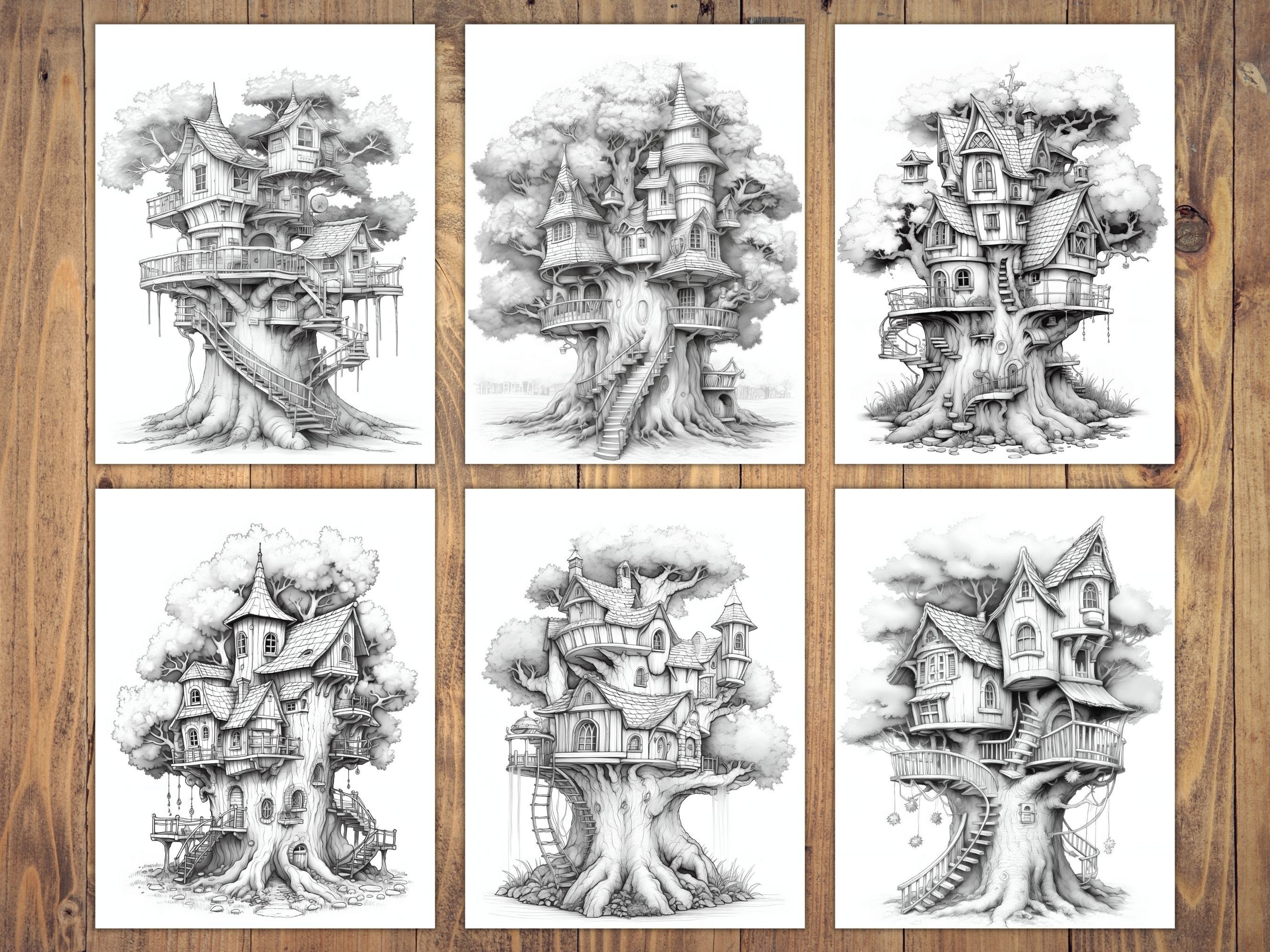 30 Fantasy Treehouse Coloring Pages, Grayscale Coloring Book (PDF) - Etsy