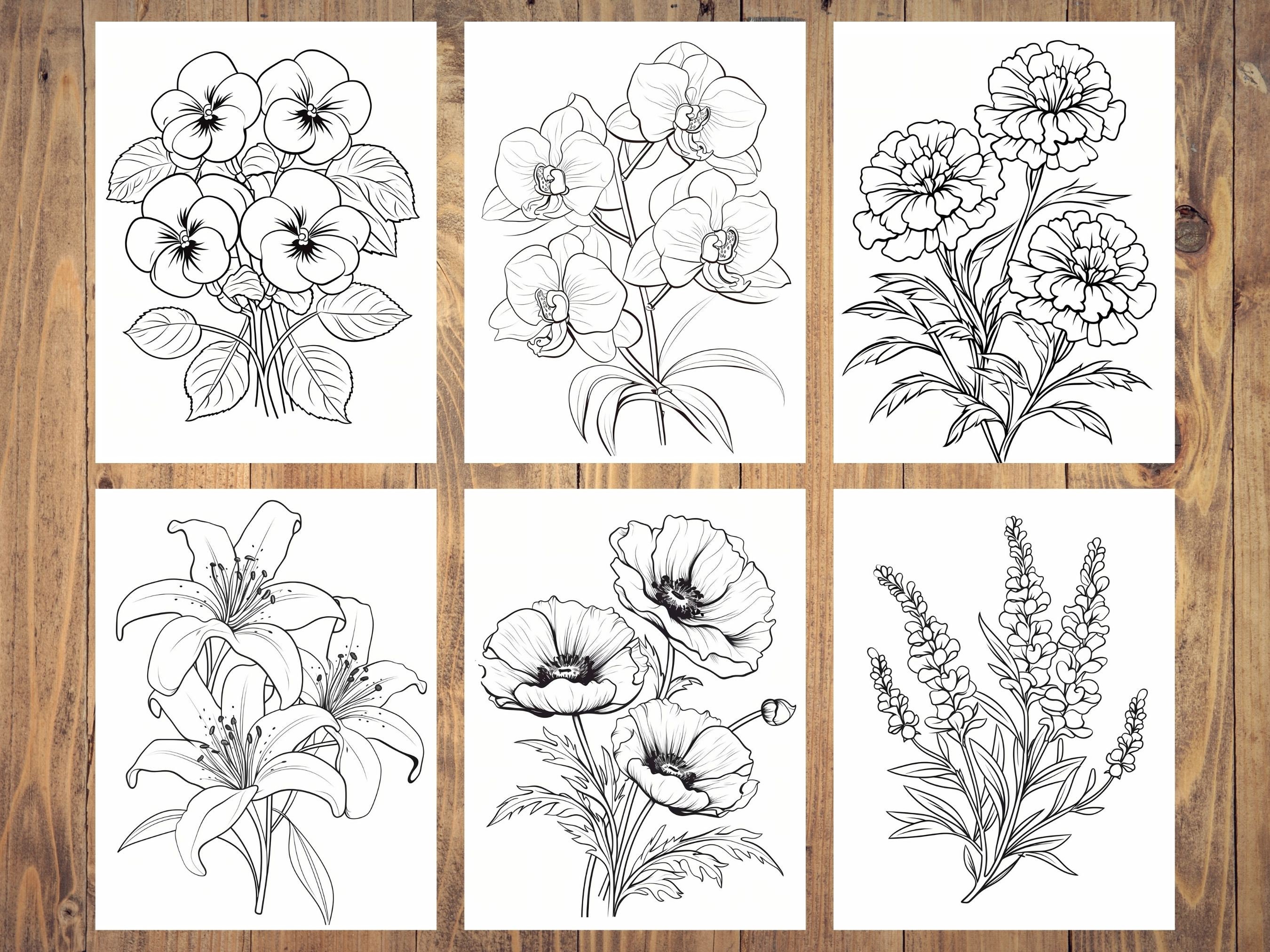 30 Printable Flower Coloring Pages, Grayscale Adults + Kids (PDF ...