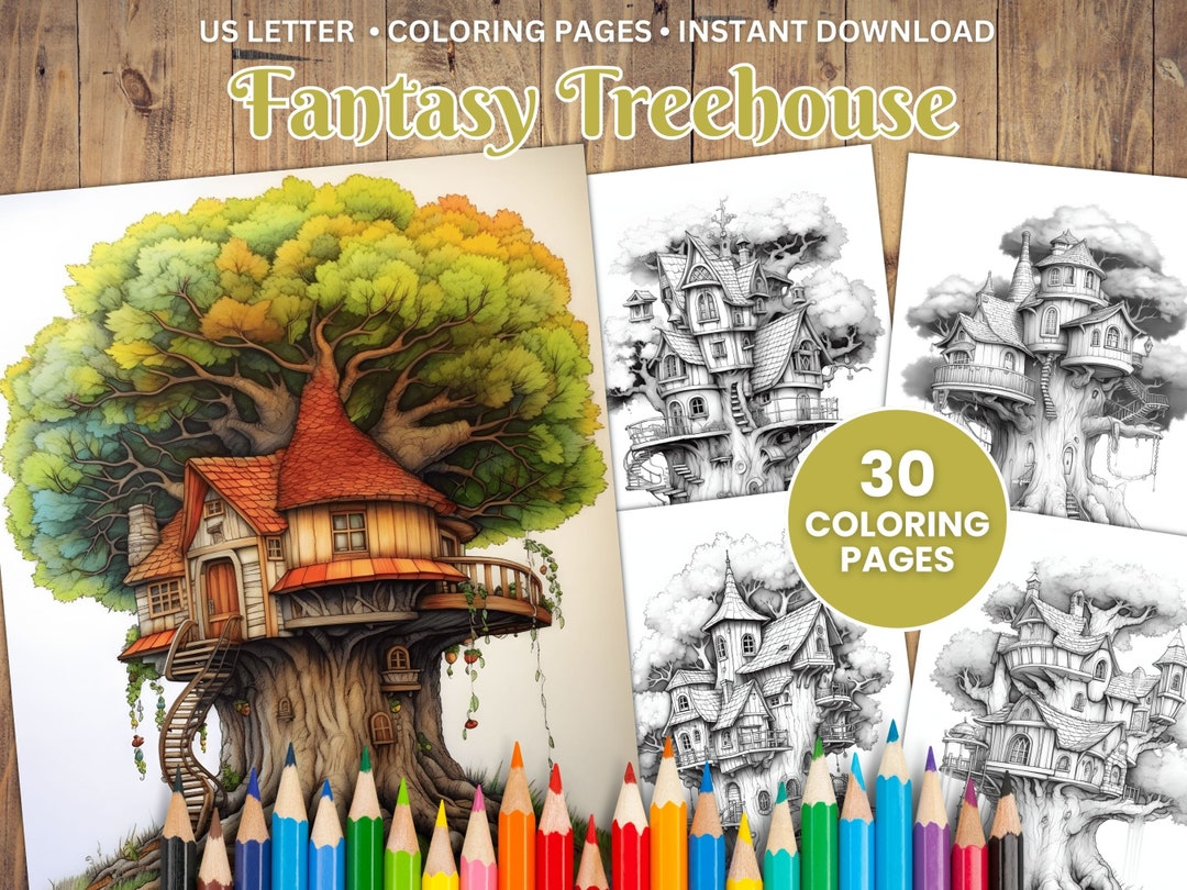 30 Printable Fantasy Treehouse Coloring Pages, Fantasy Coloring Book ...