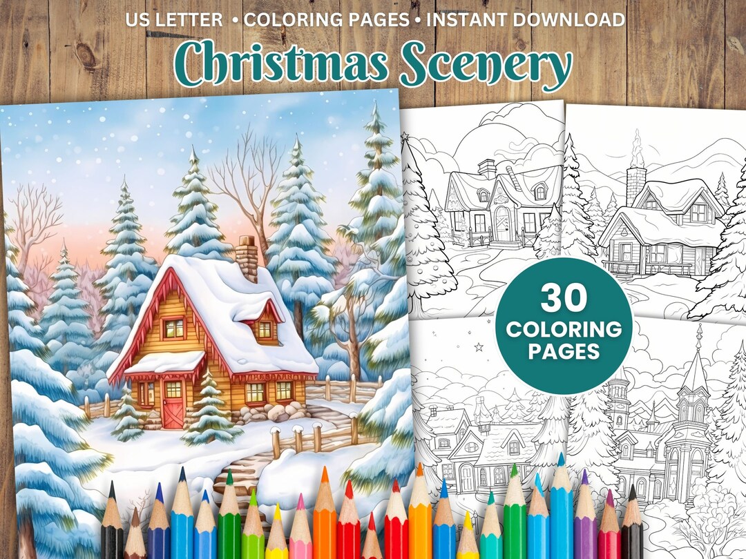 Christmas Scenery Coloring Pages, Winter Holiday Scenes (printable PDF ...