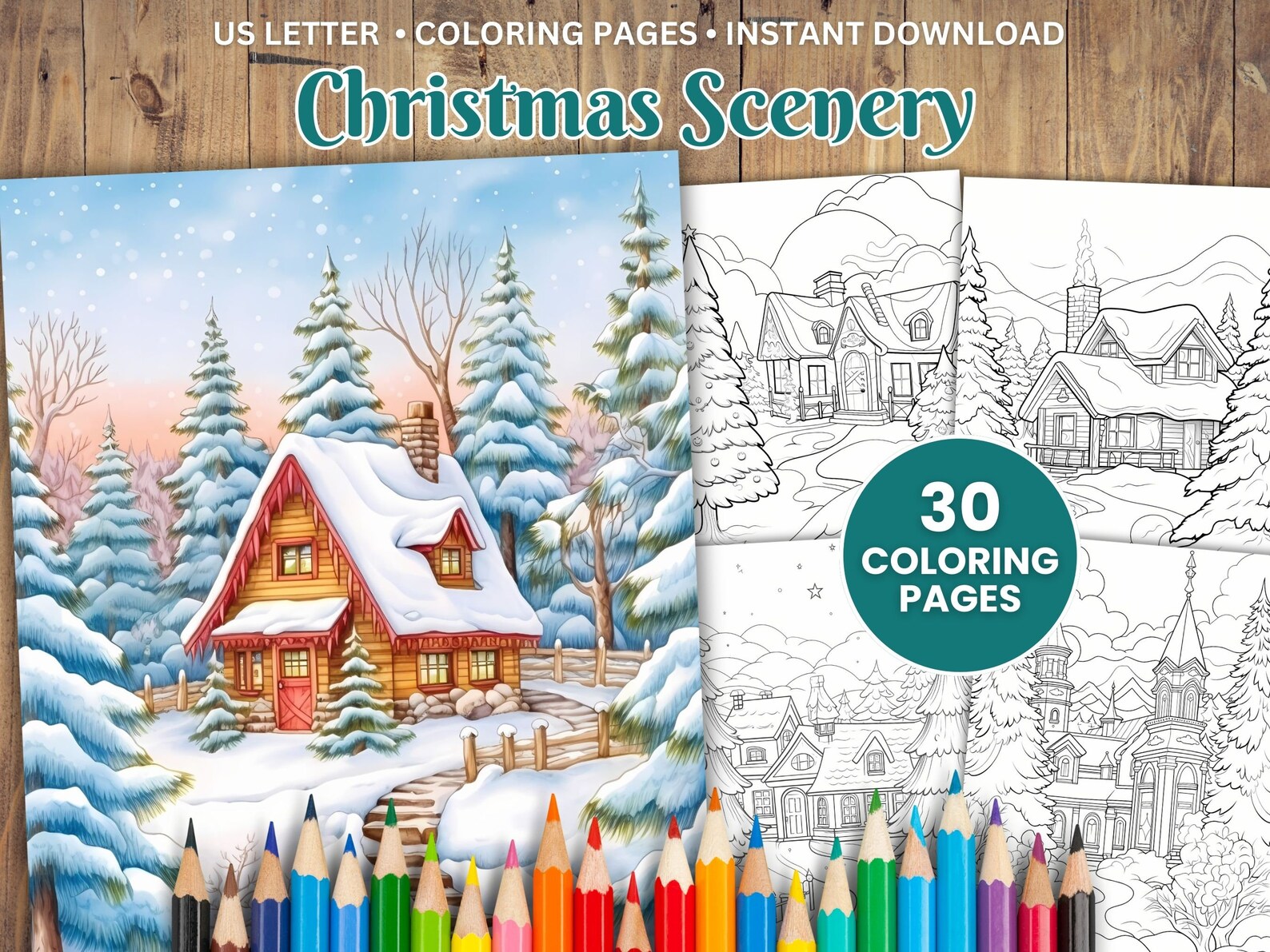 Christmas Scenery Coloring Pages, Winter Holiday Scenes (printable PDF ...