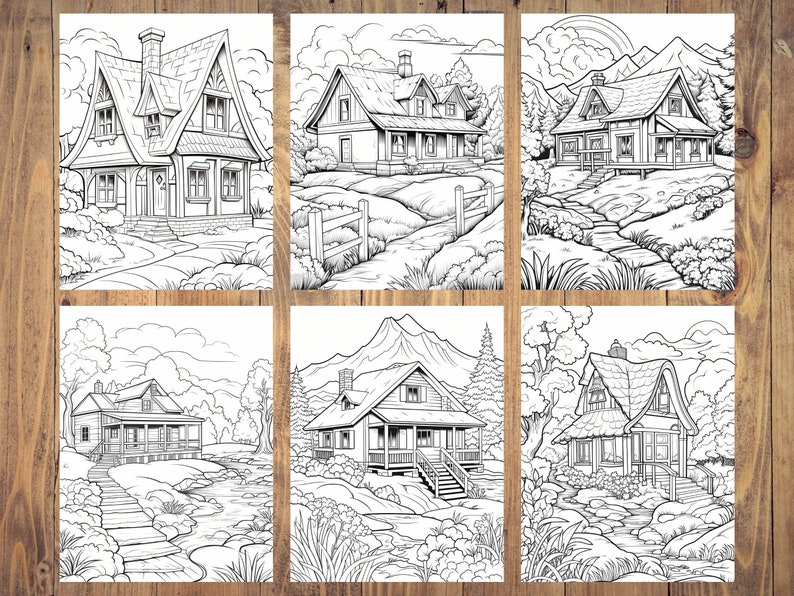 30 Cozy House Coloring Pages, Autumn Grayscale Designs (PDF) - Etsy