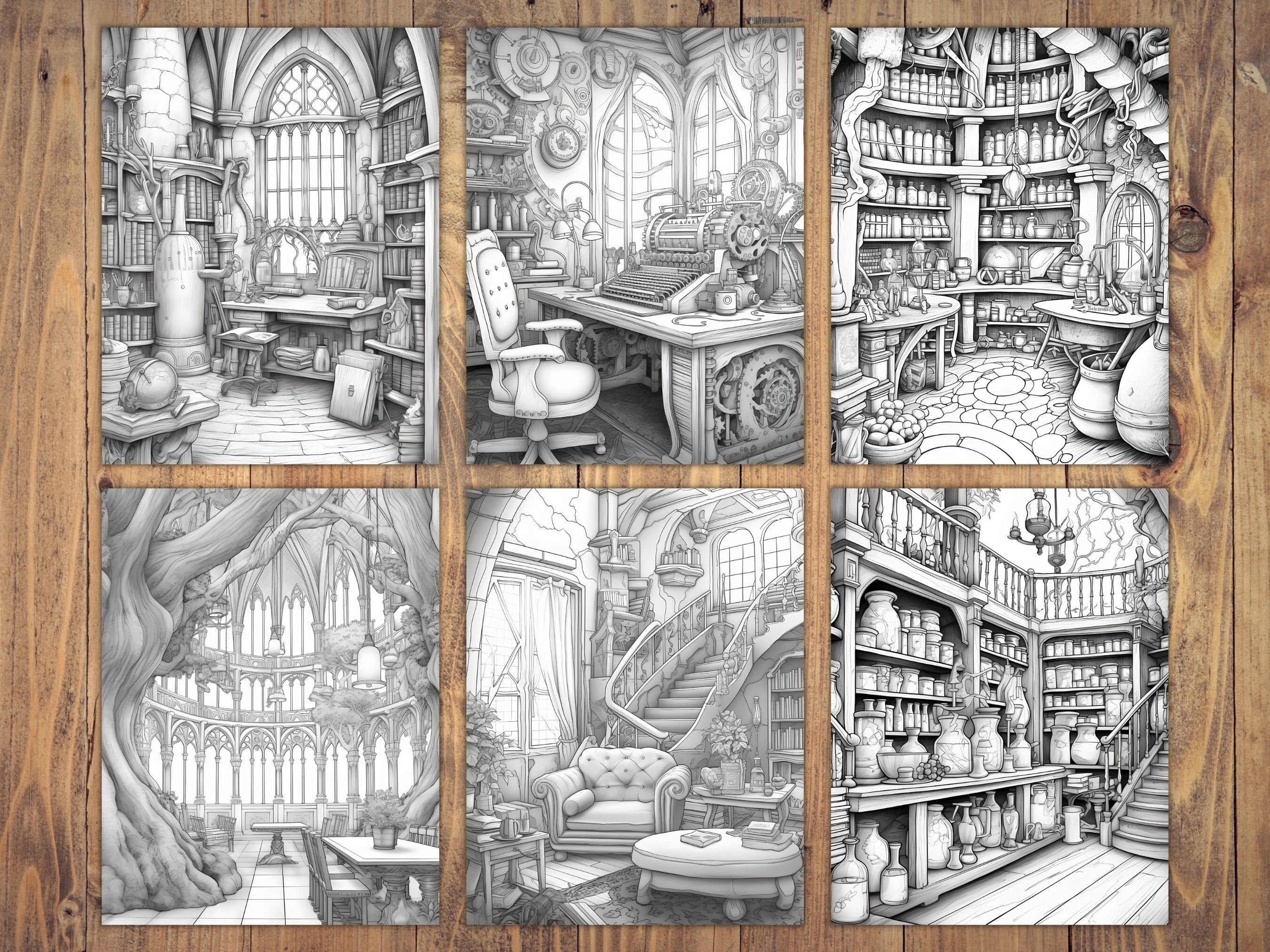 30 Fantasy House Interior Coloring Pages, Grayscale Art (PDF) - Etsy
