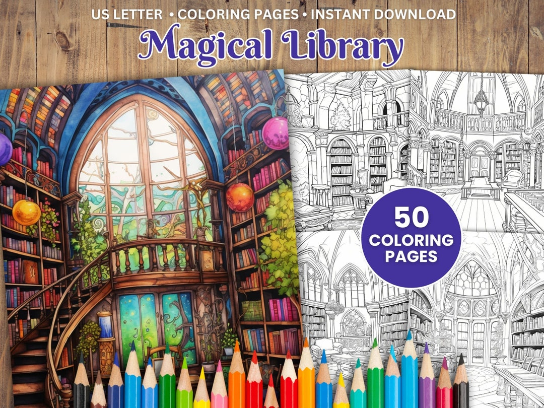 50 Magical Library Coloring Pages, Fantasy Coloring Book, Enchanted ...