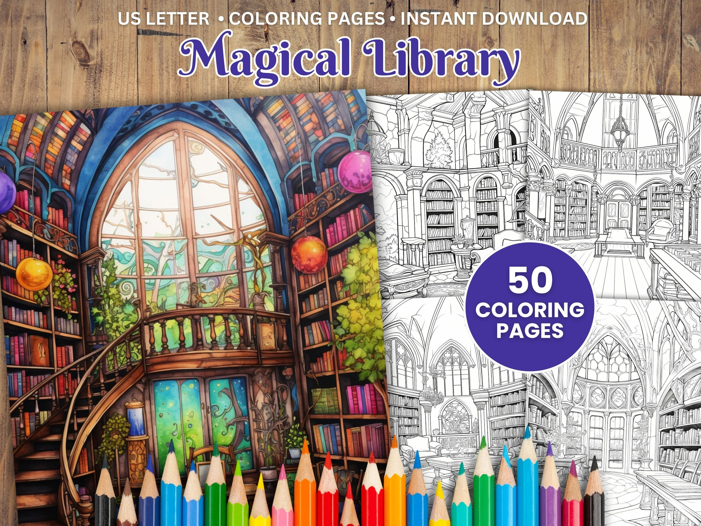50 Magical Library Coloring Pages, Fantasy Coloring Book, Enchanted ...