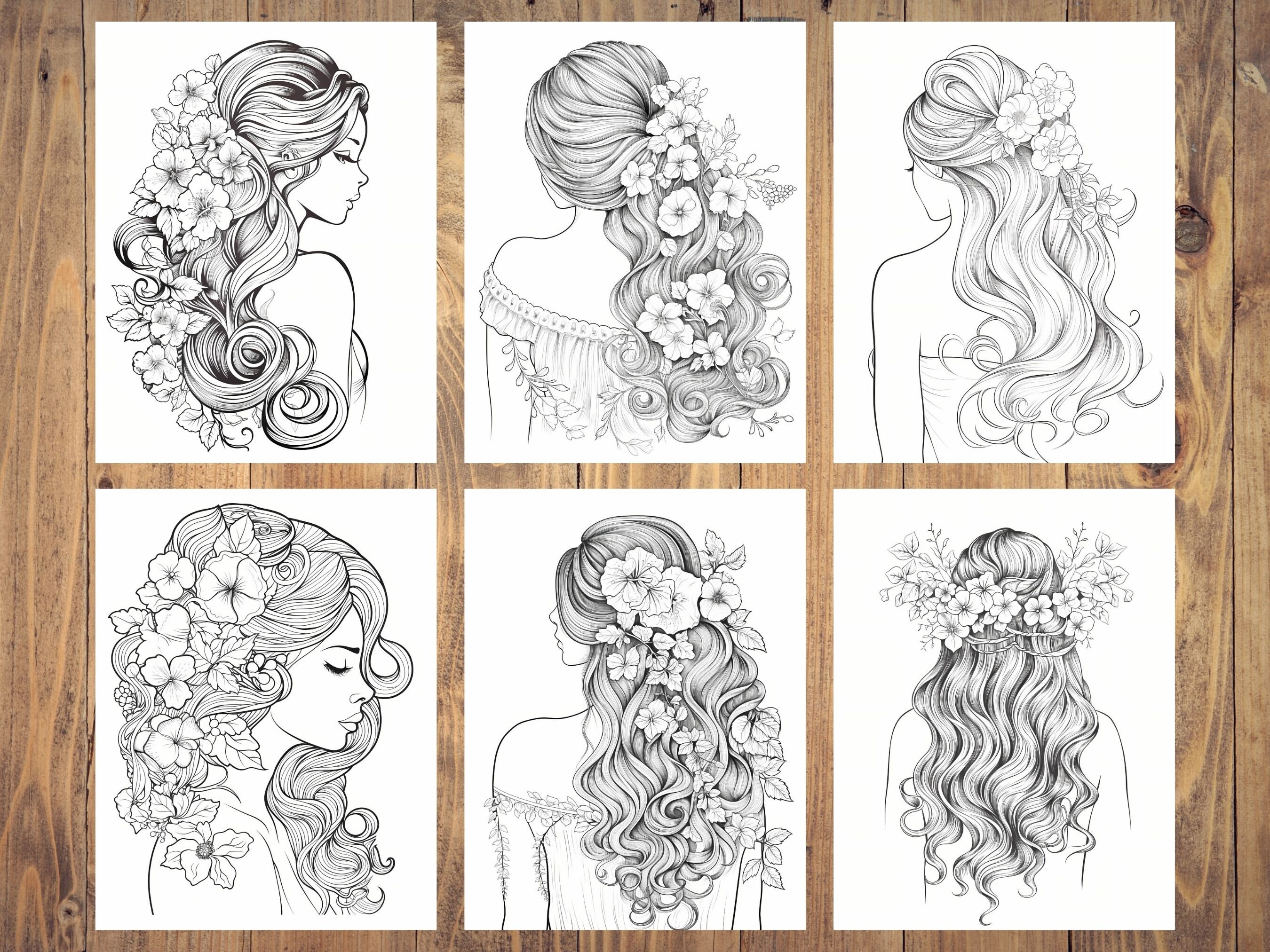 Flower Hair Coloring Book, 30 Printable Grayscale Pages (PDF Coloring ...