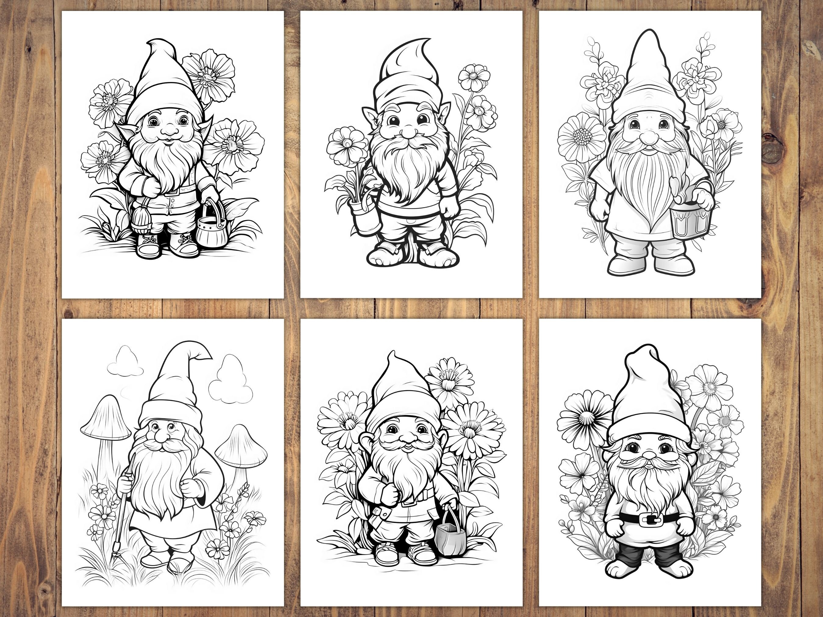 30 Flower Gnome Coloring Pages, Coloring Book, Adults Kids, Grayscale ...