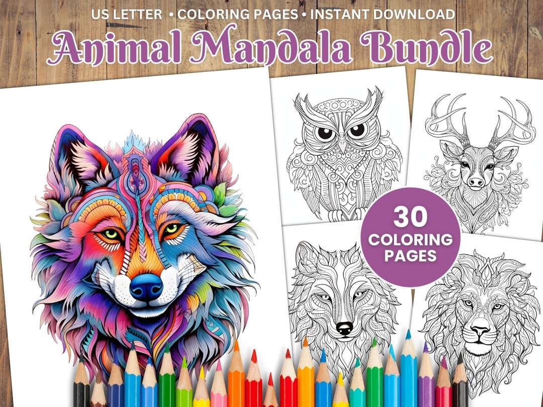 30 Printable Animal Mandala Coloring Pages, Relaxation Coloring Book ...