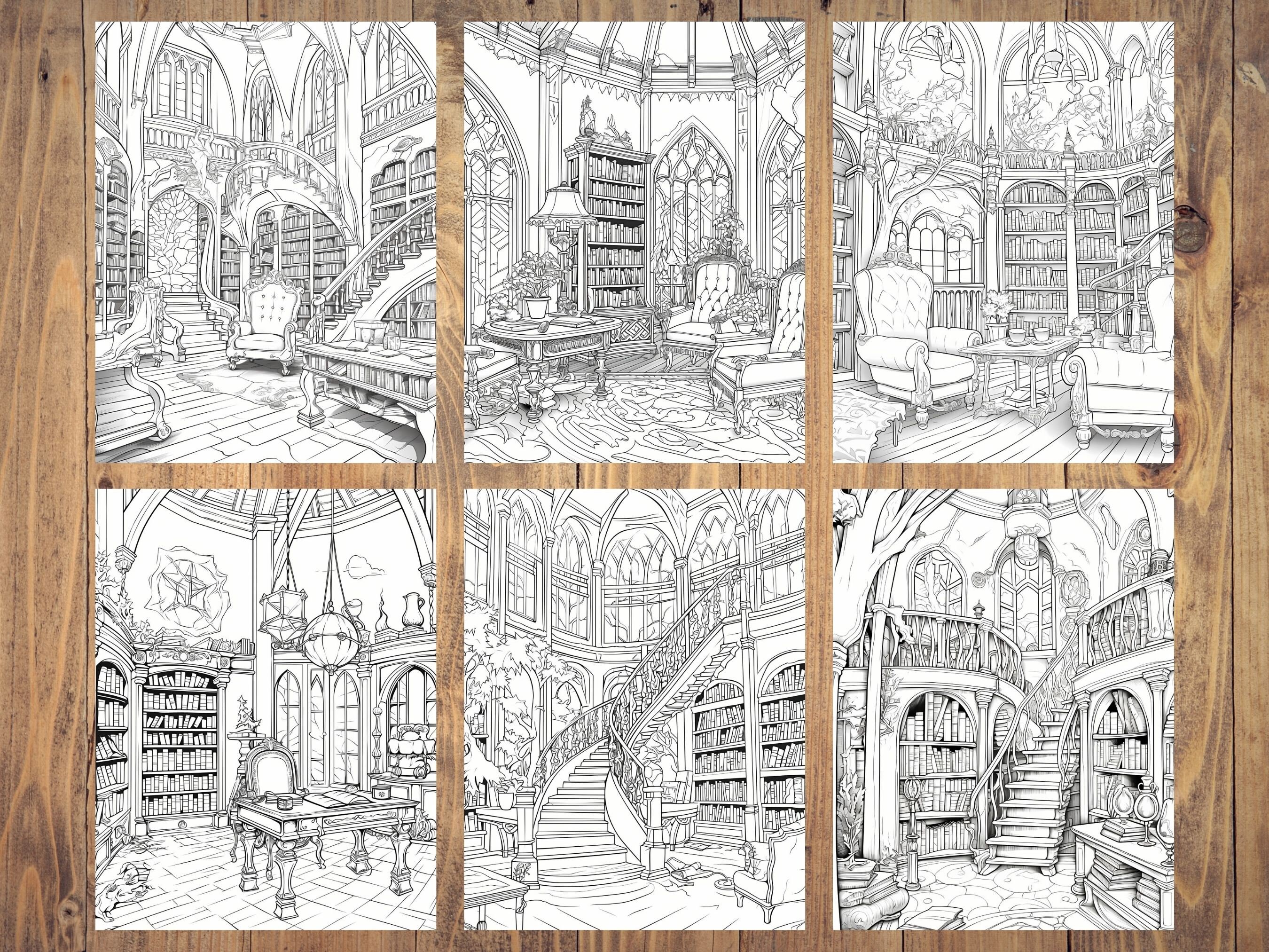 50 Magical Library Coloring Pages, Fantasy Coloring Book, Enchanted ...