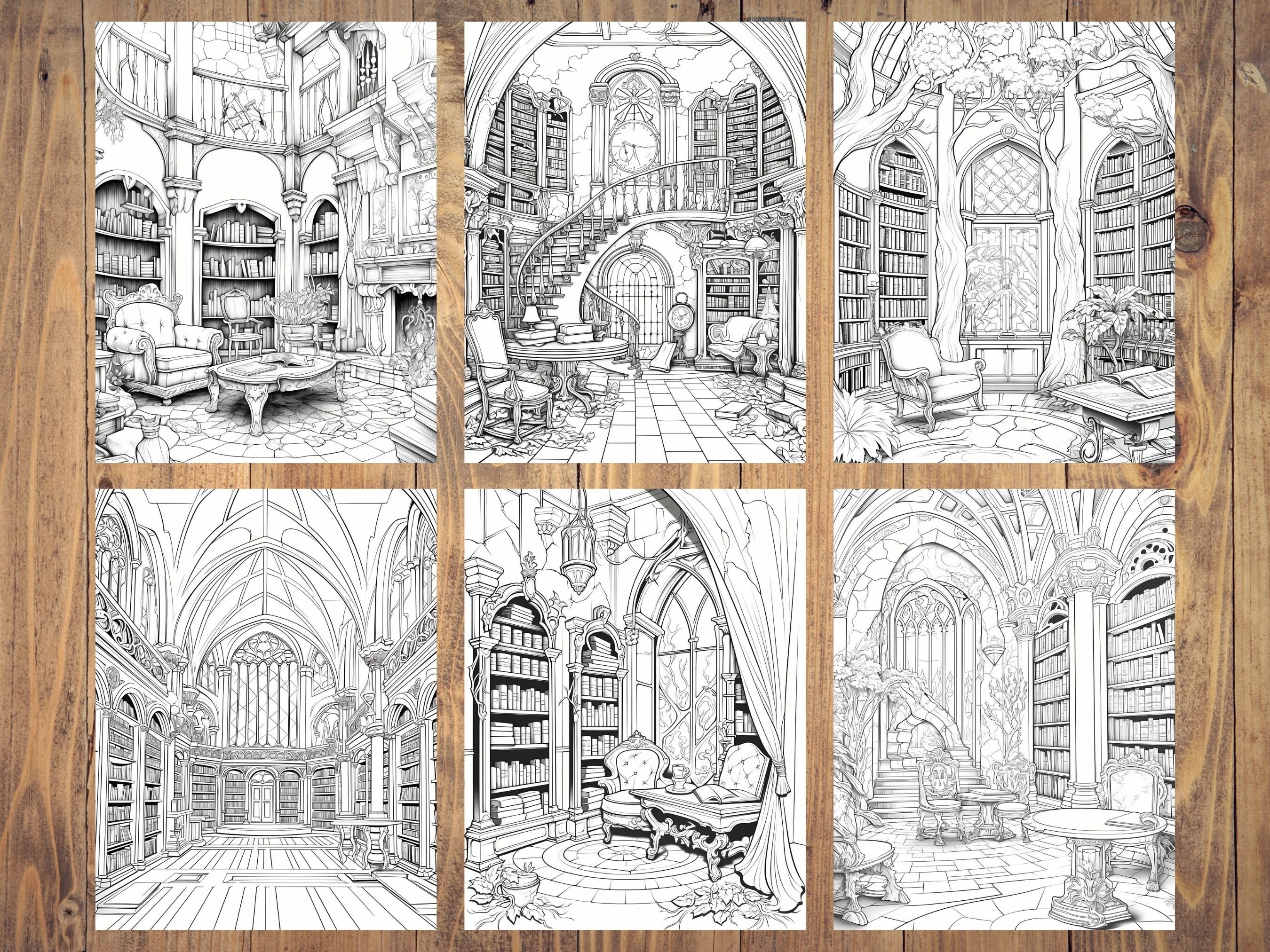 50 Magical Library Coloring Pages, Fantasy Coloring Book, Enchanted ...