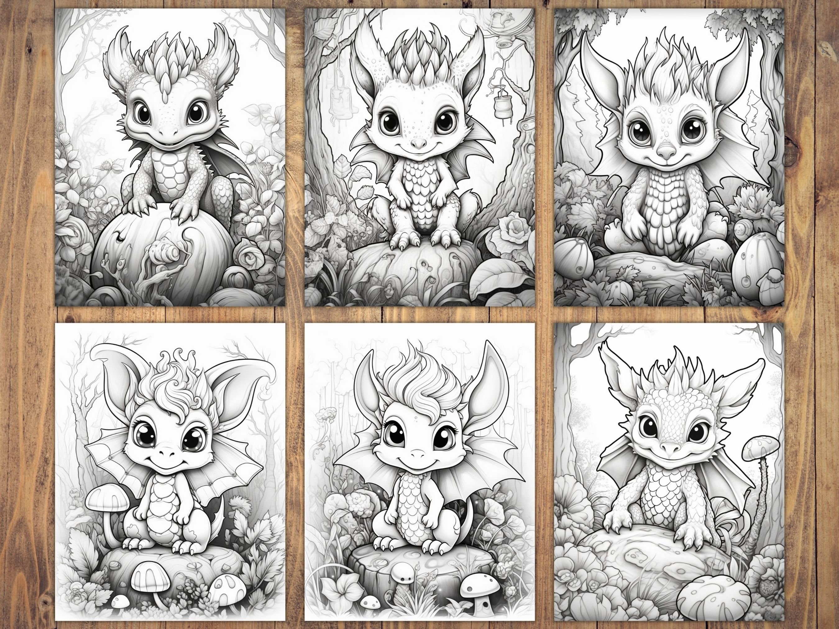 30 Baby Dragon Coloring Pages, Fantasy Woodland Grayscale (PDF) - Etsy