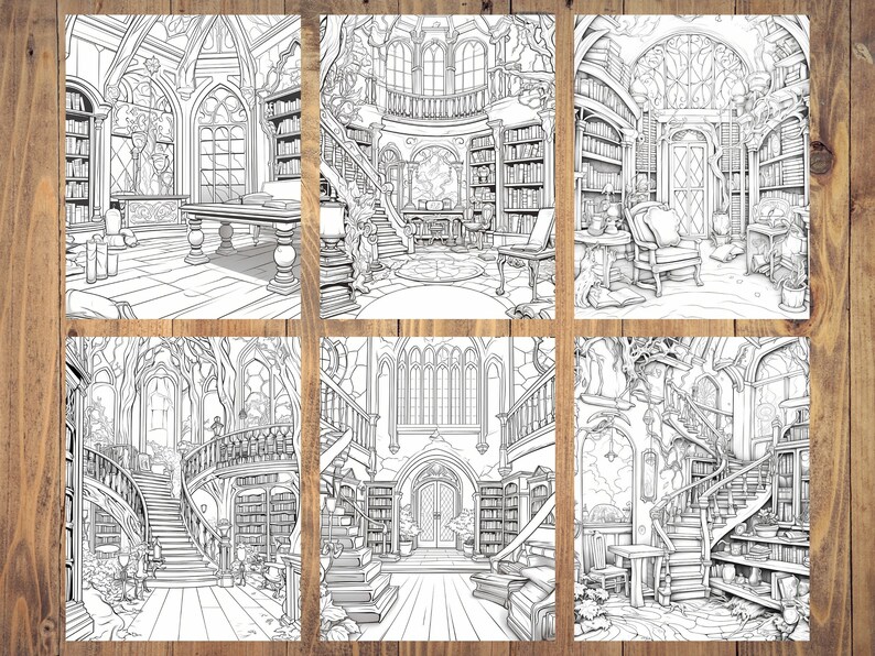 50 Magical Library Coloring Pages, Fantasy Coloring Book, Enchanted ...