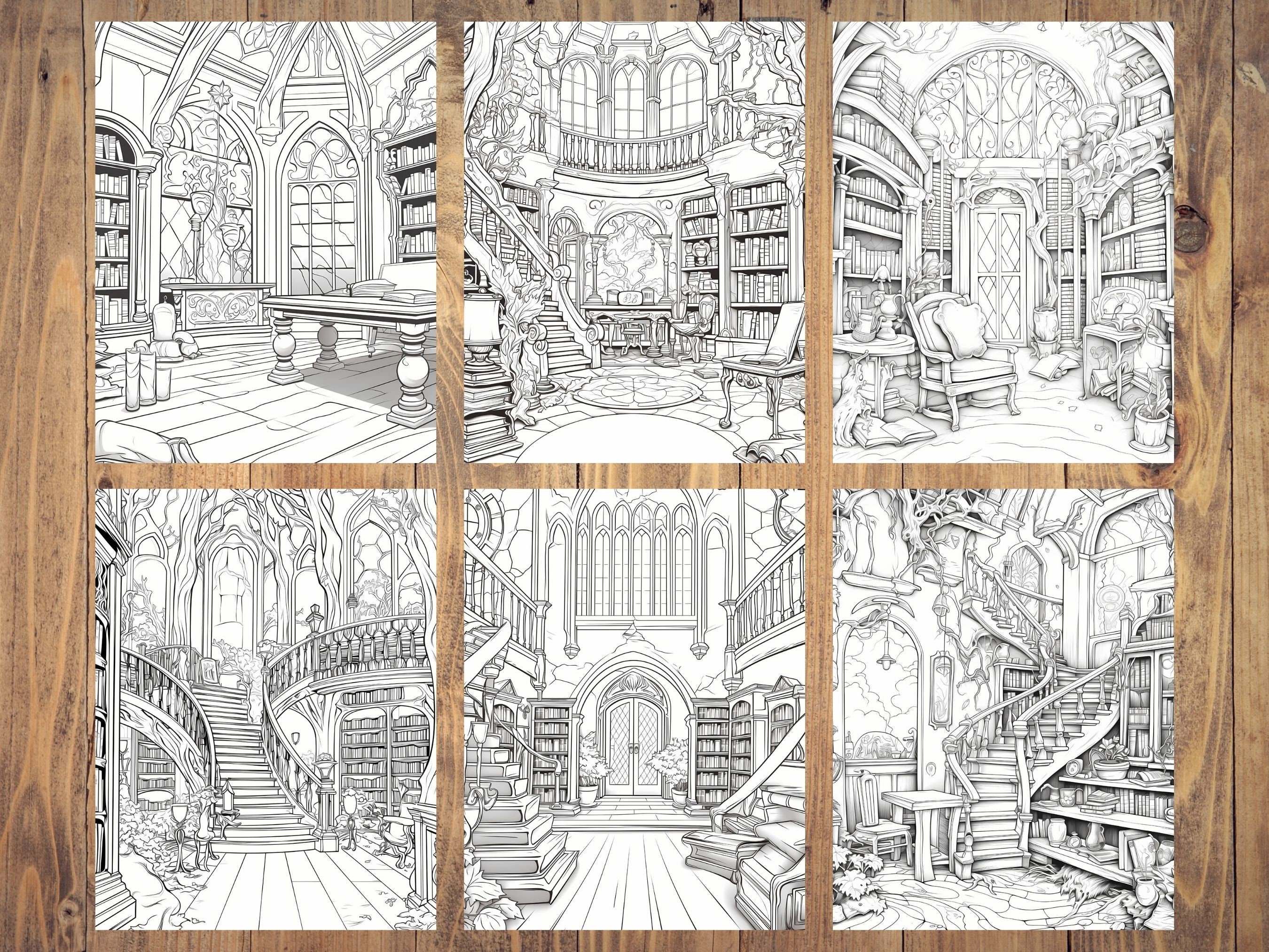 50 Magical Library Coloring Pages, Fantasy Coloring Book, Enchanted ...