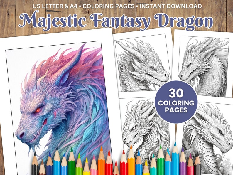 30 Majestic Fantasy Dragon Coloring Pages, Coloring Book, Adult ...