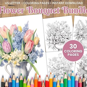 30 Printable Flower Bouquet Coloring Pages, Flower Coloring Bundle ...