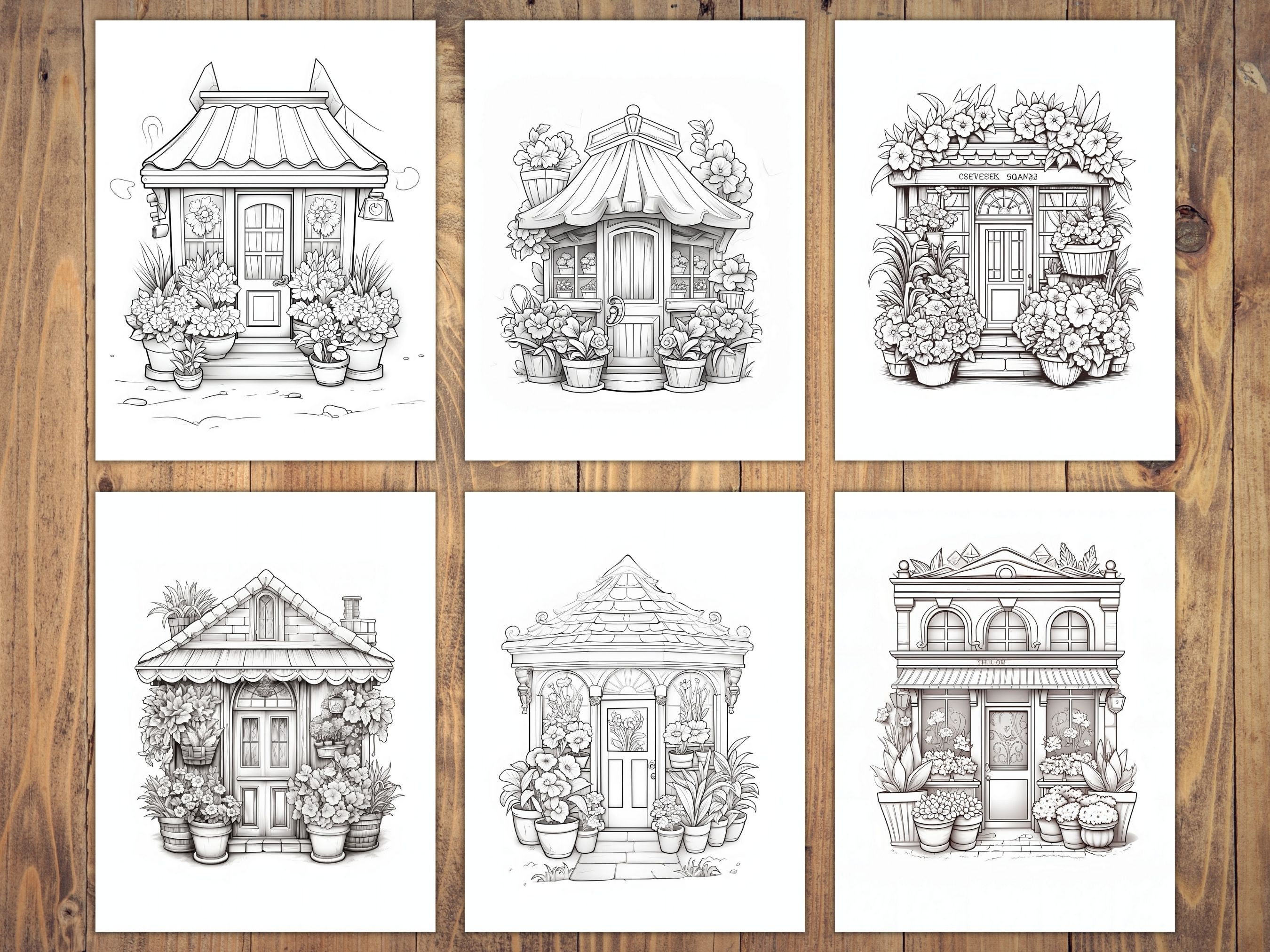 Flower Shop Coloring Pages, 30 Grayscale Designs (PDF) - Etsy