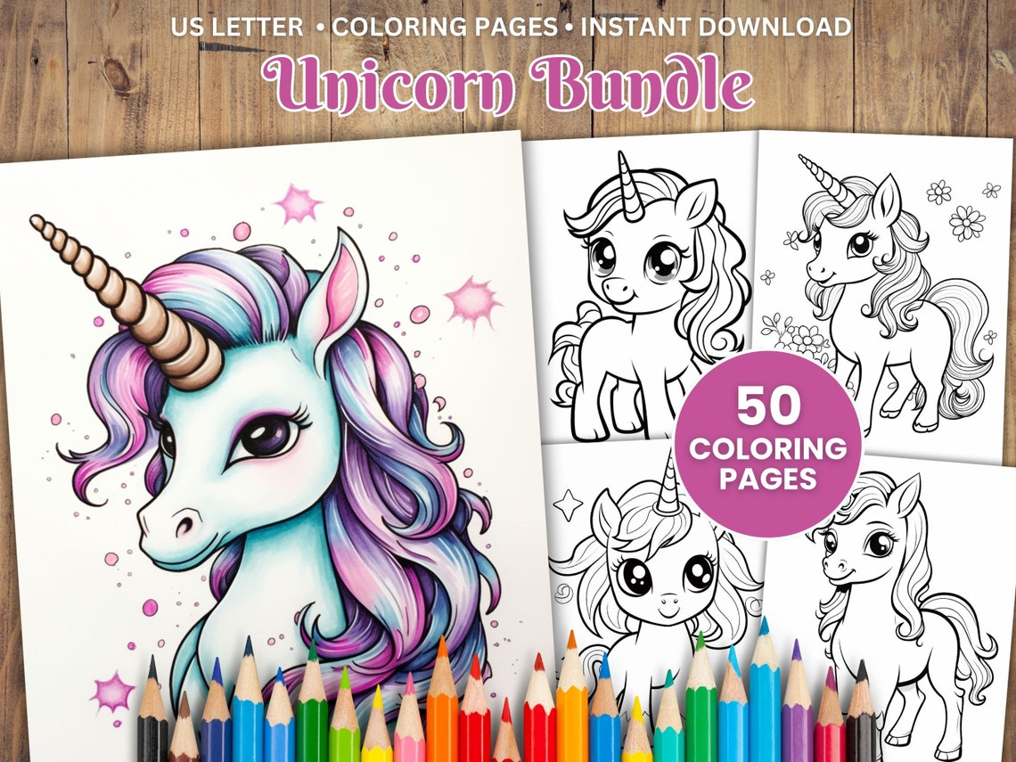 50 Unicorn Coloring Page Bundle, Cute Horse Coloring Book, Fantasy ...