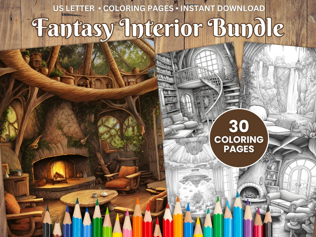 30 Fantasy House Interior Coloring Pages, Grayscale Art (PDF) - Etsy