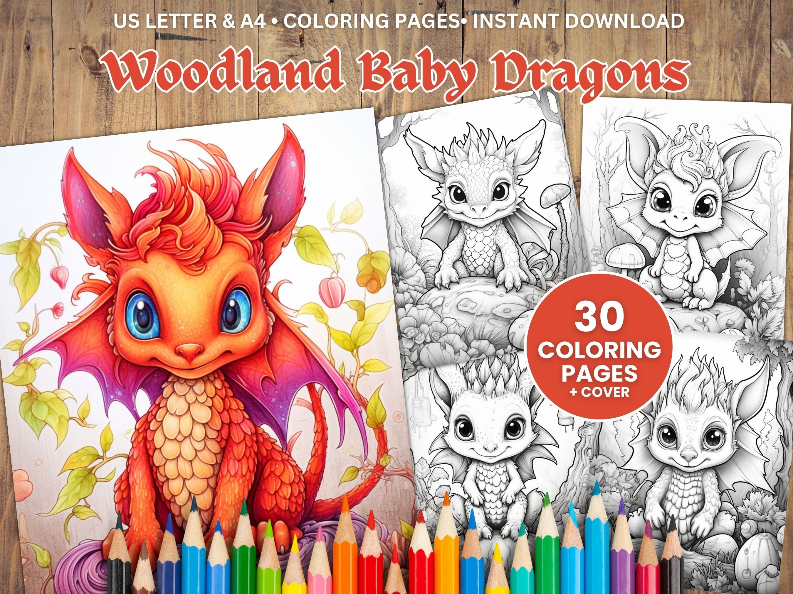 30 Baby Fantasy Woodland Dragon Coloring Page Book Adults - Etsy