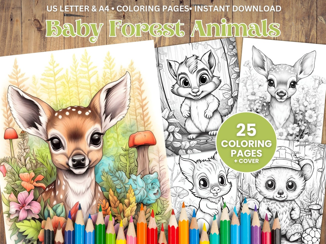 25 Cute Baby Forest Animals Coloring Page Book, Adults + Kids ...