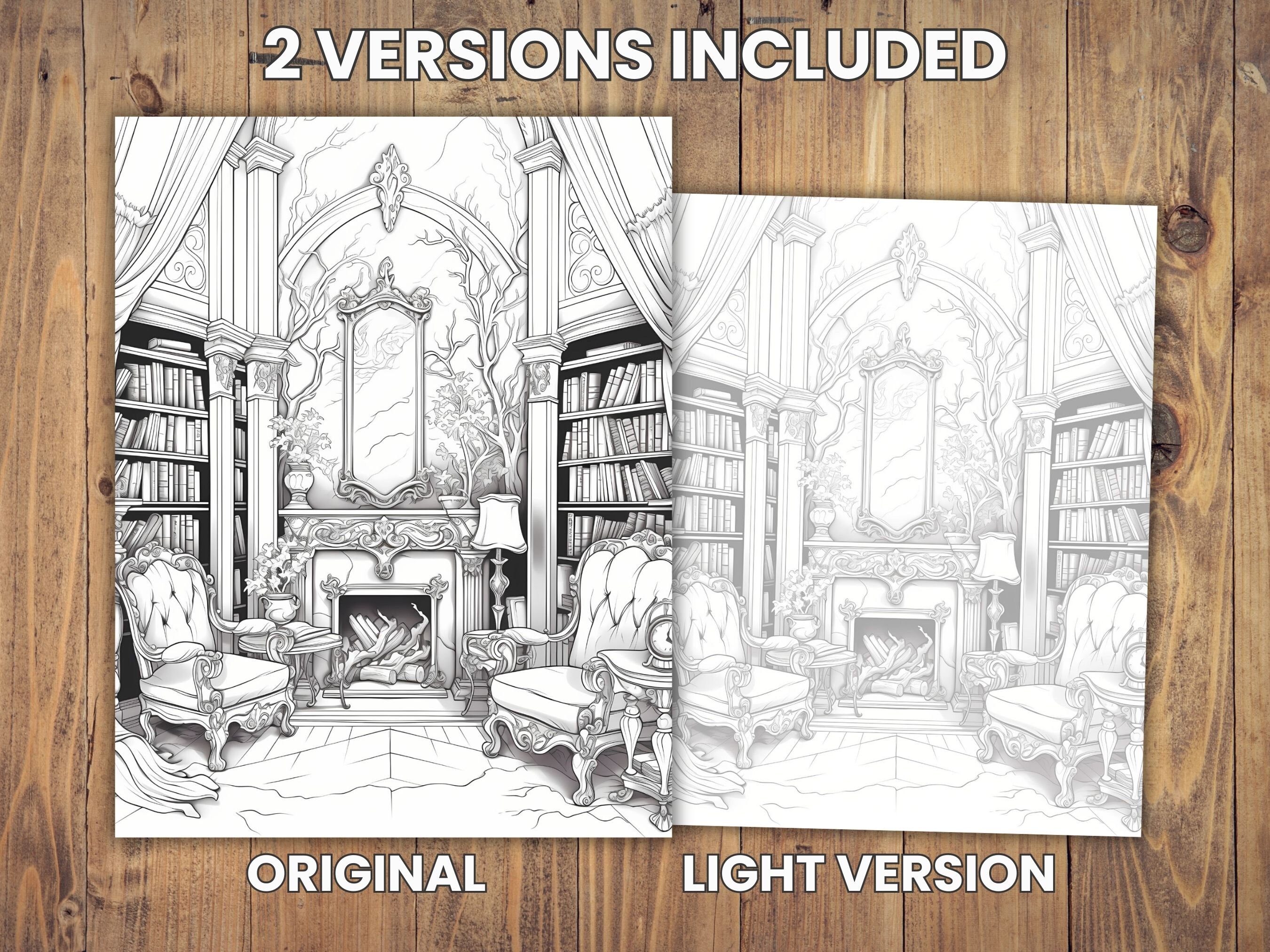 50 Magical Library Coloring Pages, Fantasy Coloring Book, Enchanted ...