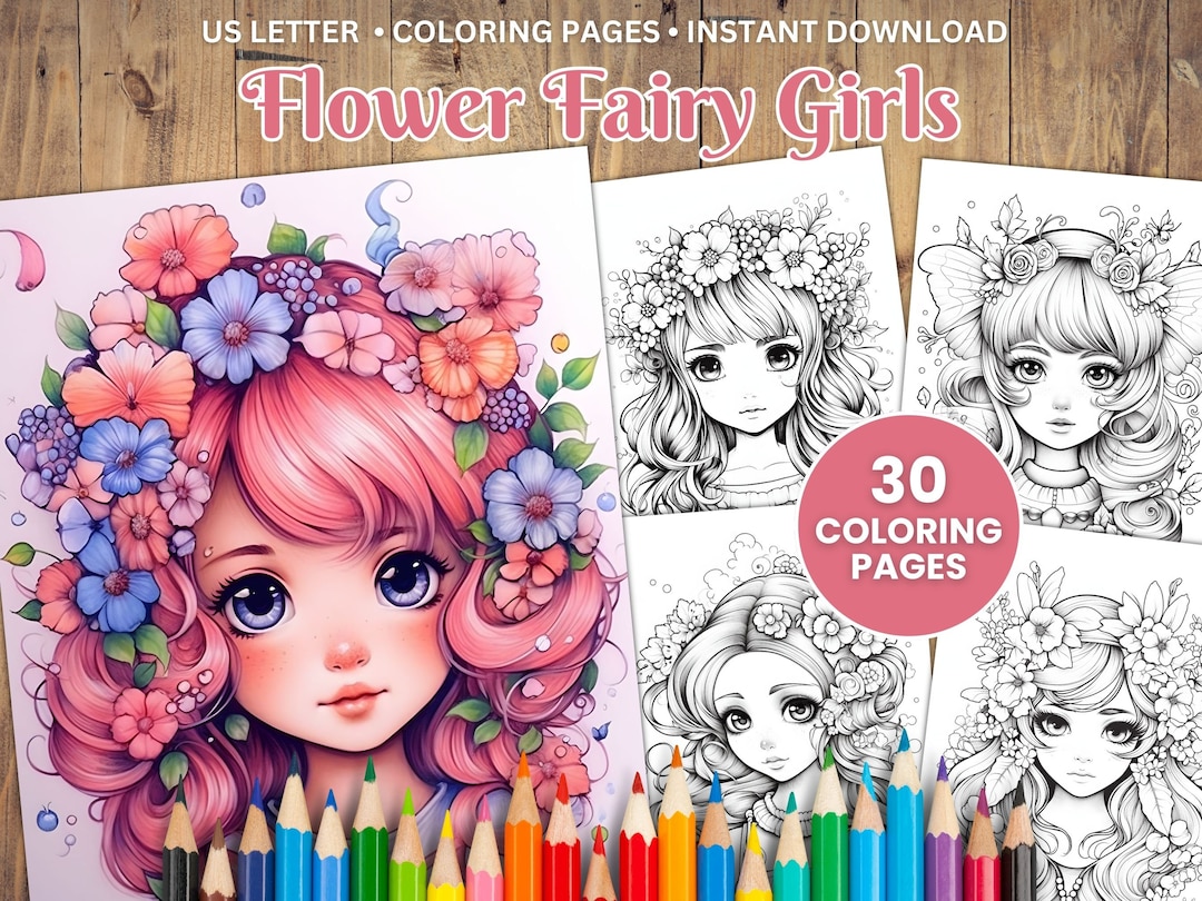 30 Printable Flower Fairy Girl Coloring Pages, Fantasy Coloring, Kawaii ...