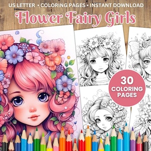30 Printable Flower Fairy Girl Coloring Pages, Fantasy Coloring, Kawaii ...