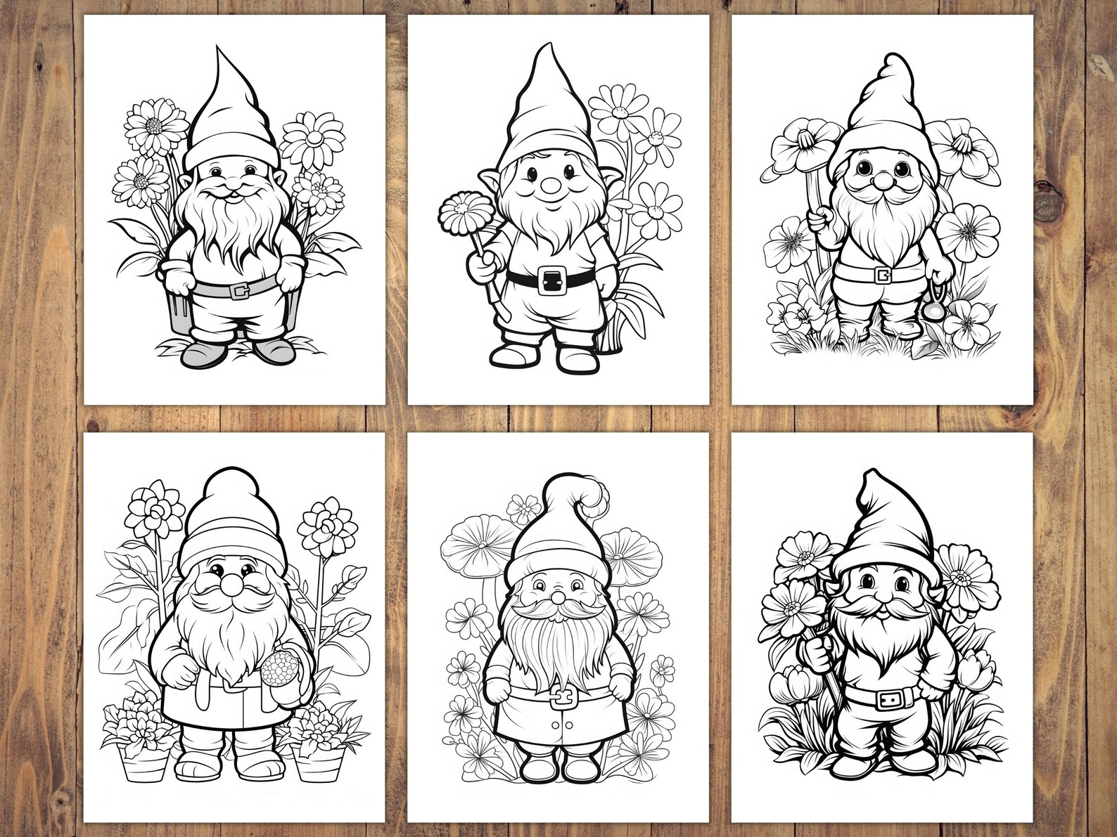 30 Flower Gnome Coloring Pages, Coloring Book, Adults Kids, Grayscale ...