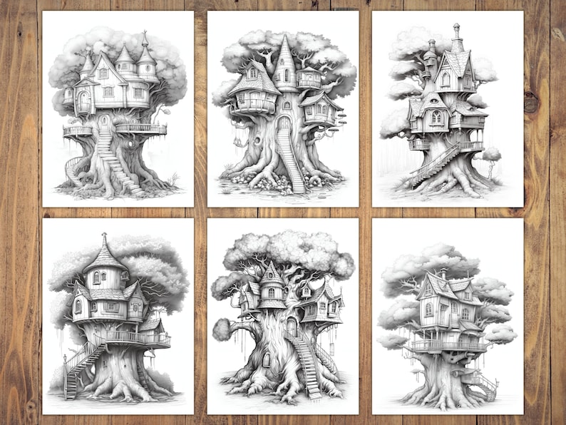 30 Fantasy Treehouse Coloring Pages, Grayscale Coloring Book (PDF) - Etsy