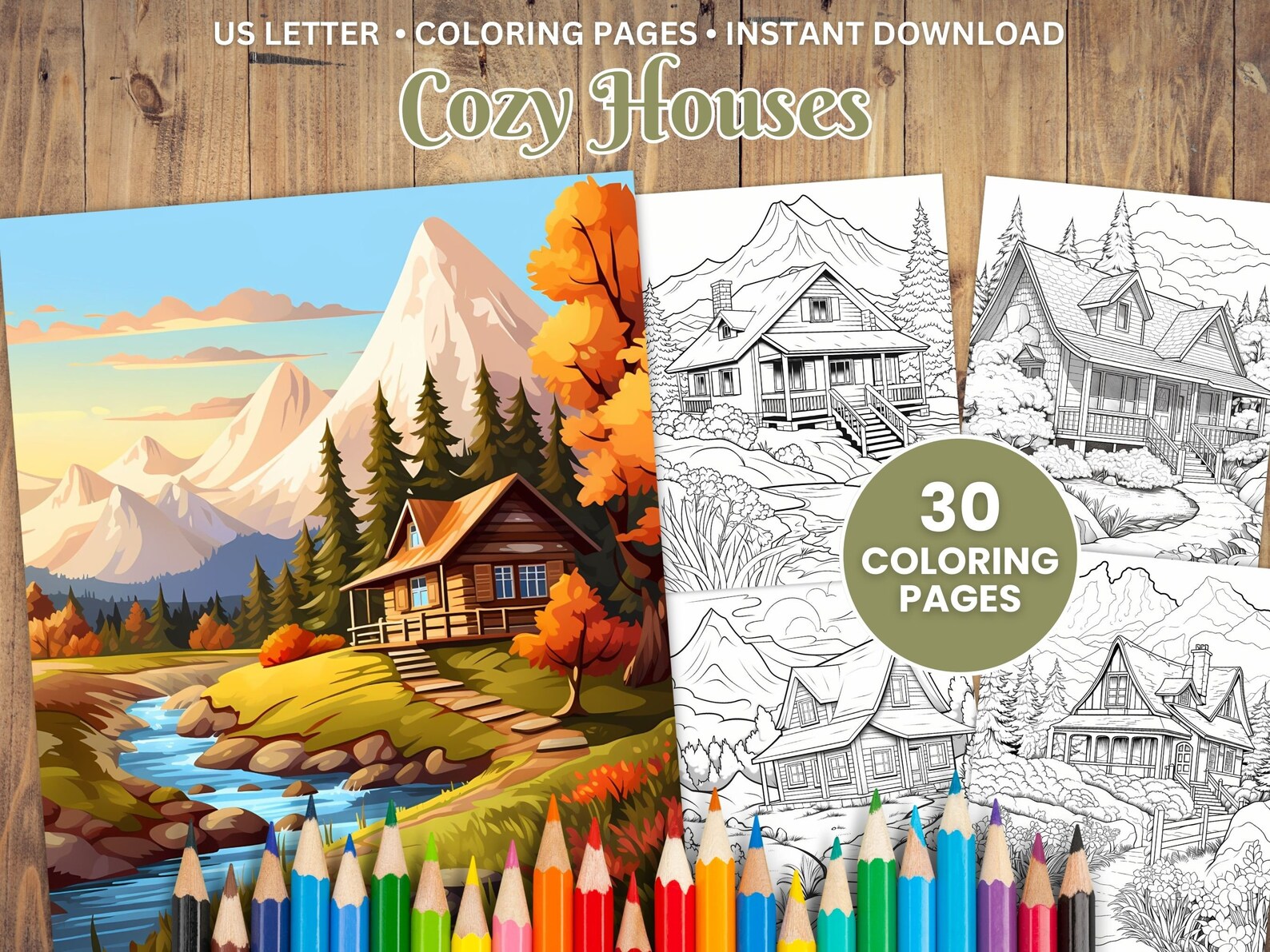 30 Cozy House Coloring Pages, Autumn Grayscale Designs (PDF) - Etsy