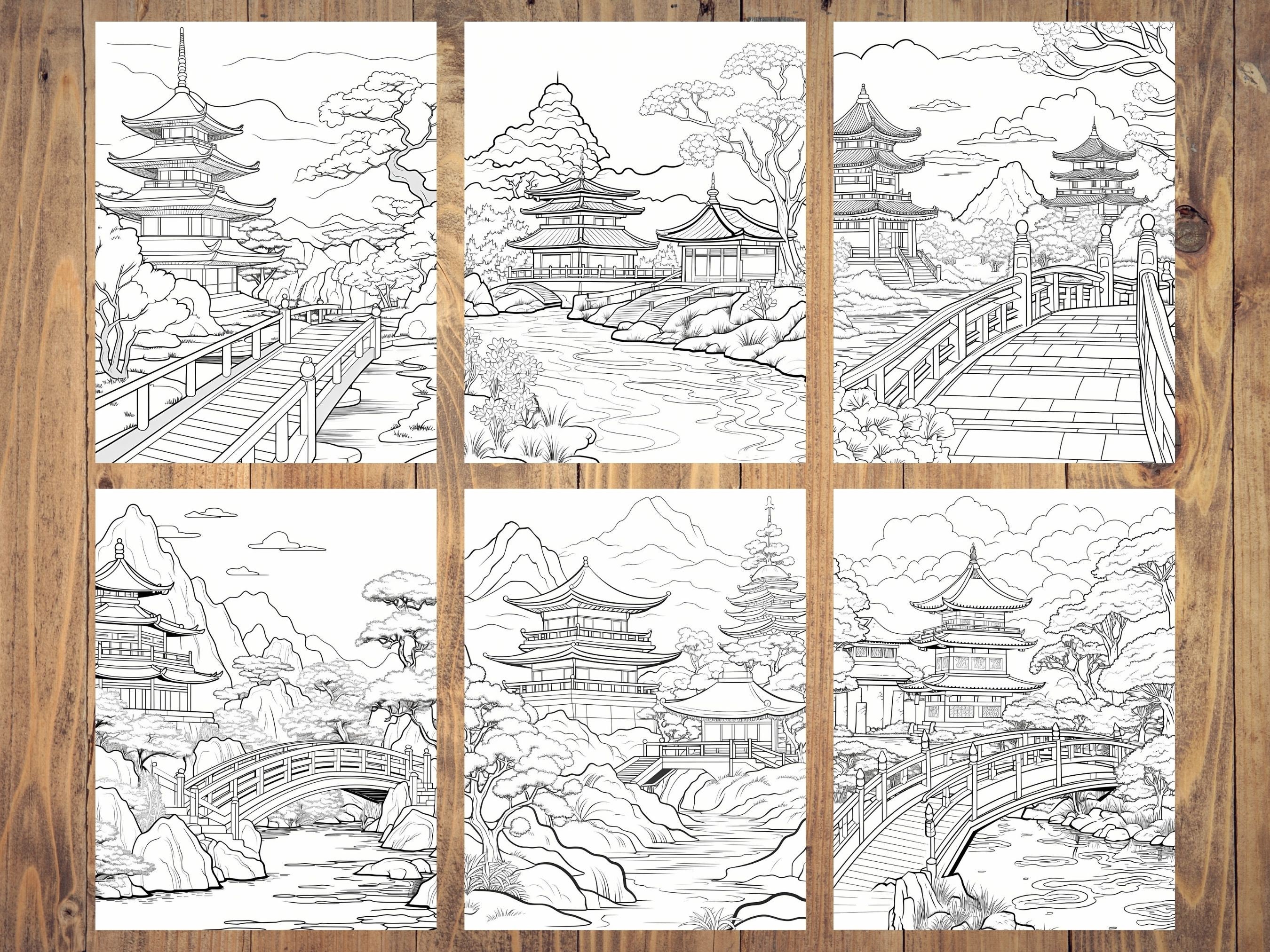 50 Japanese Scenery Coloring Pages, Simple Landscape Coloring (PDF ...