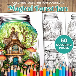 50 Magical Forest Jars Coloring Pages, Enchanted Woodland Jars ...