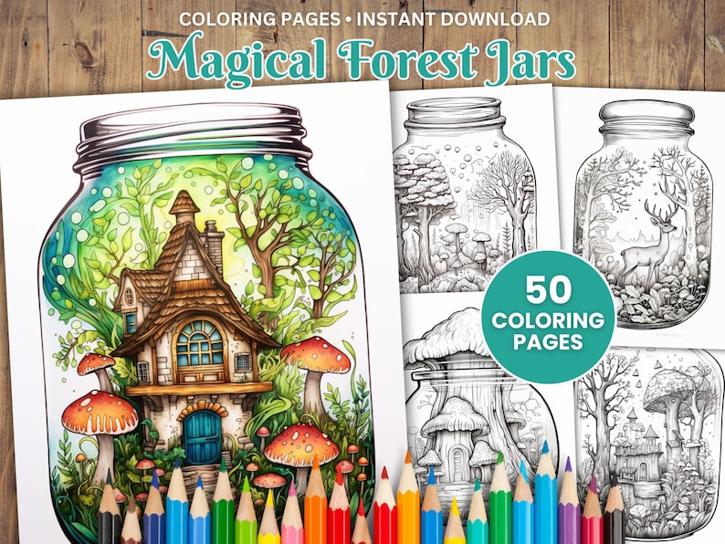 50 Magical Forest Jars Coloring Pages, Woodland Fantasy (PDF) - Etsy