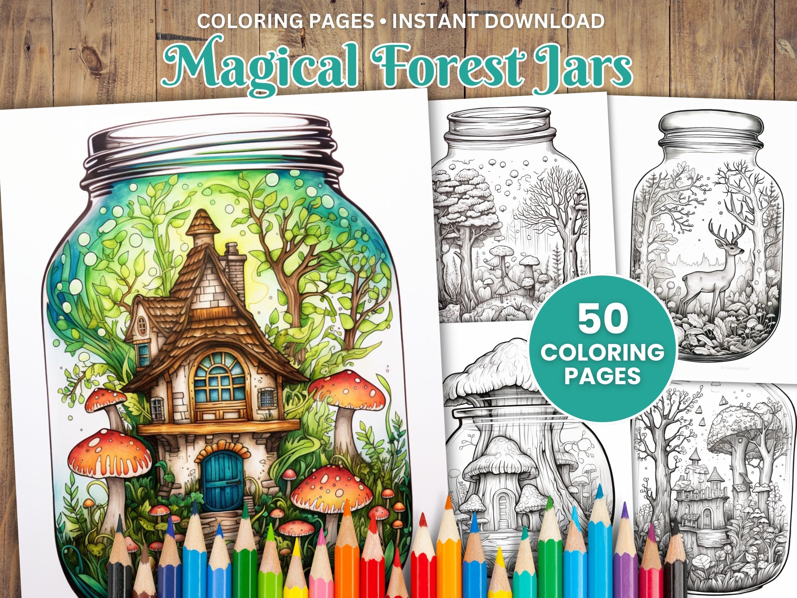 50 Magical Forest Jars Coloring Pages, Enchanted Woodland Jars ...