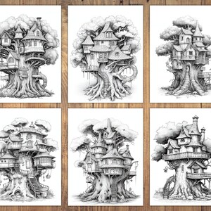 30 Fantasy Treehouse Coloring Pages, Grayscale Coloring Book (PDF) - Etsy