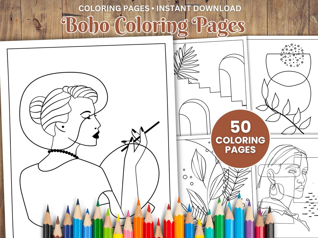 50 Printable Boho Coloring Pages, Minimalistic Coloring Book, Adults ...