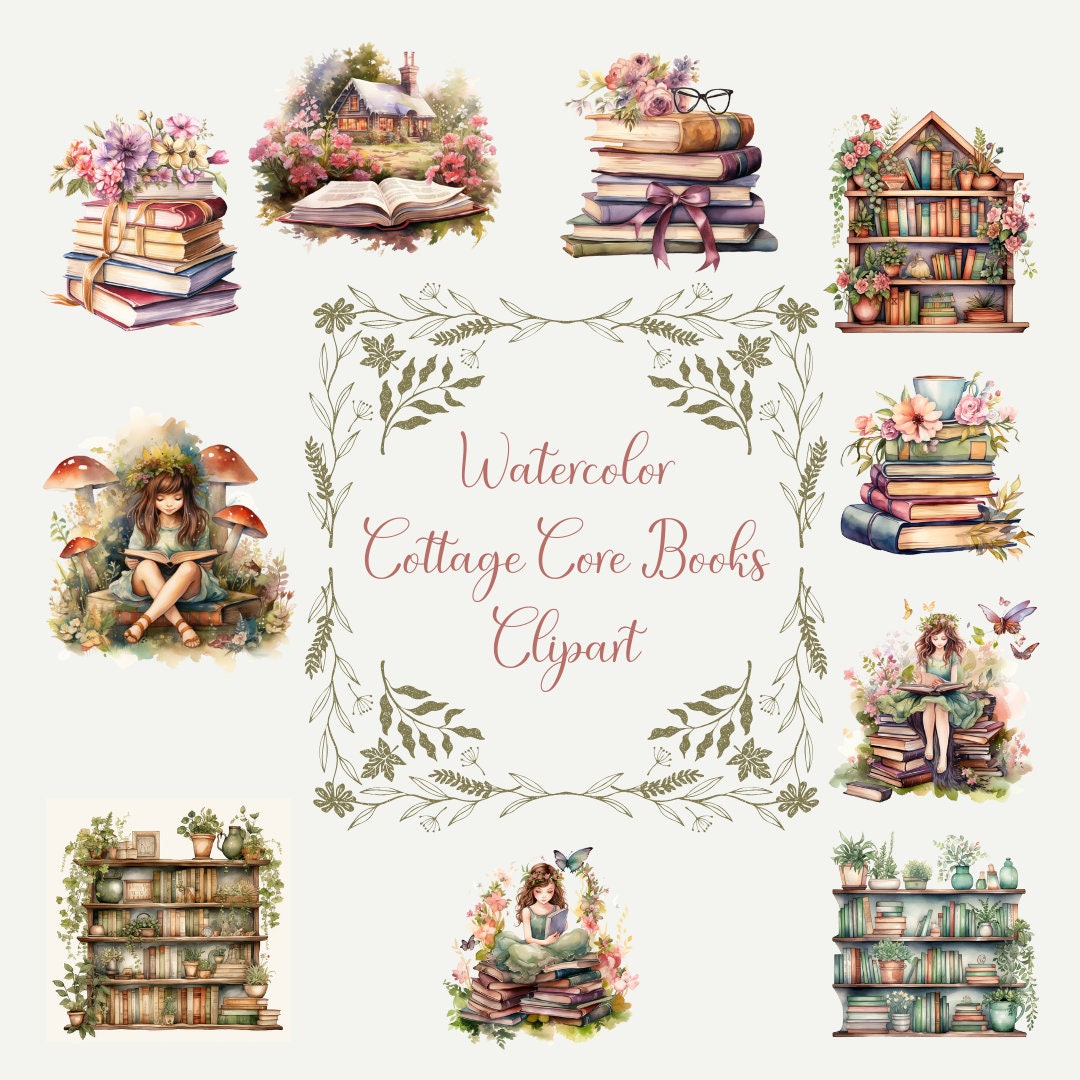 Cottagecore Books Watercolor Clipart Bundle 30 PNG Cottage Book Images ...