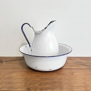 Vintage White Enamel Pitcher and Wash Basin Antique White and Blue Trim ...