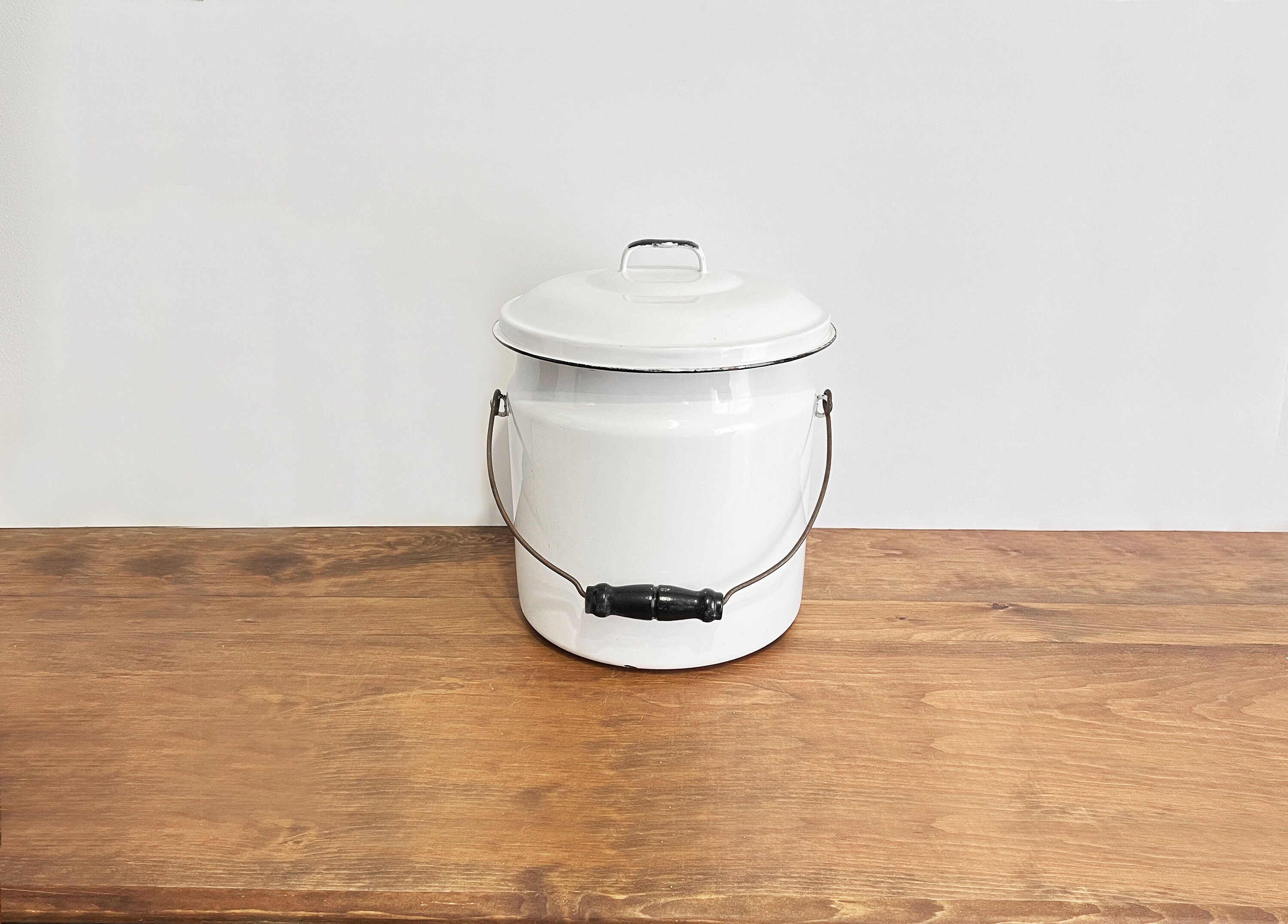 Vintage White Enamelware Chamber Pot With Lid and Wood Handle Slop ...