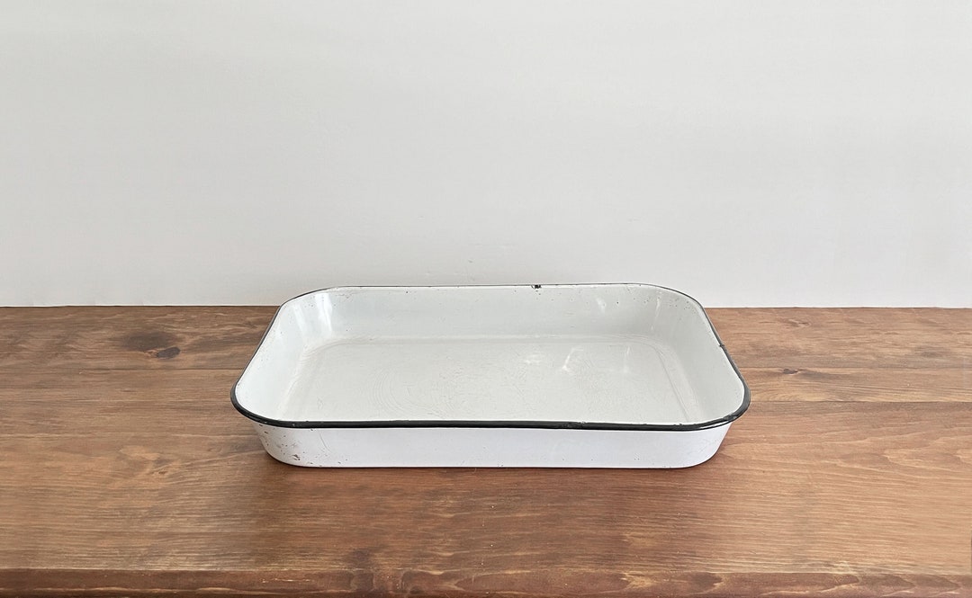 Vintage Enamelware Rectangular Baking Pan - White & Black Trim Baking ...