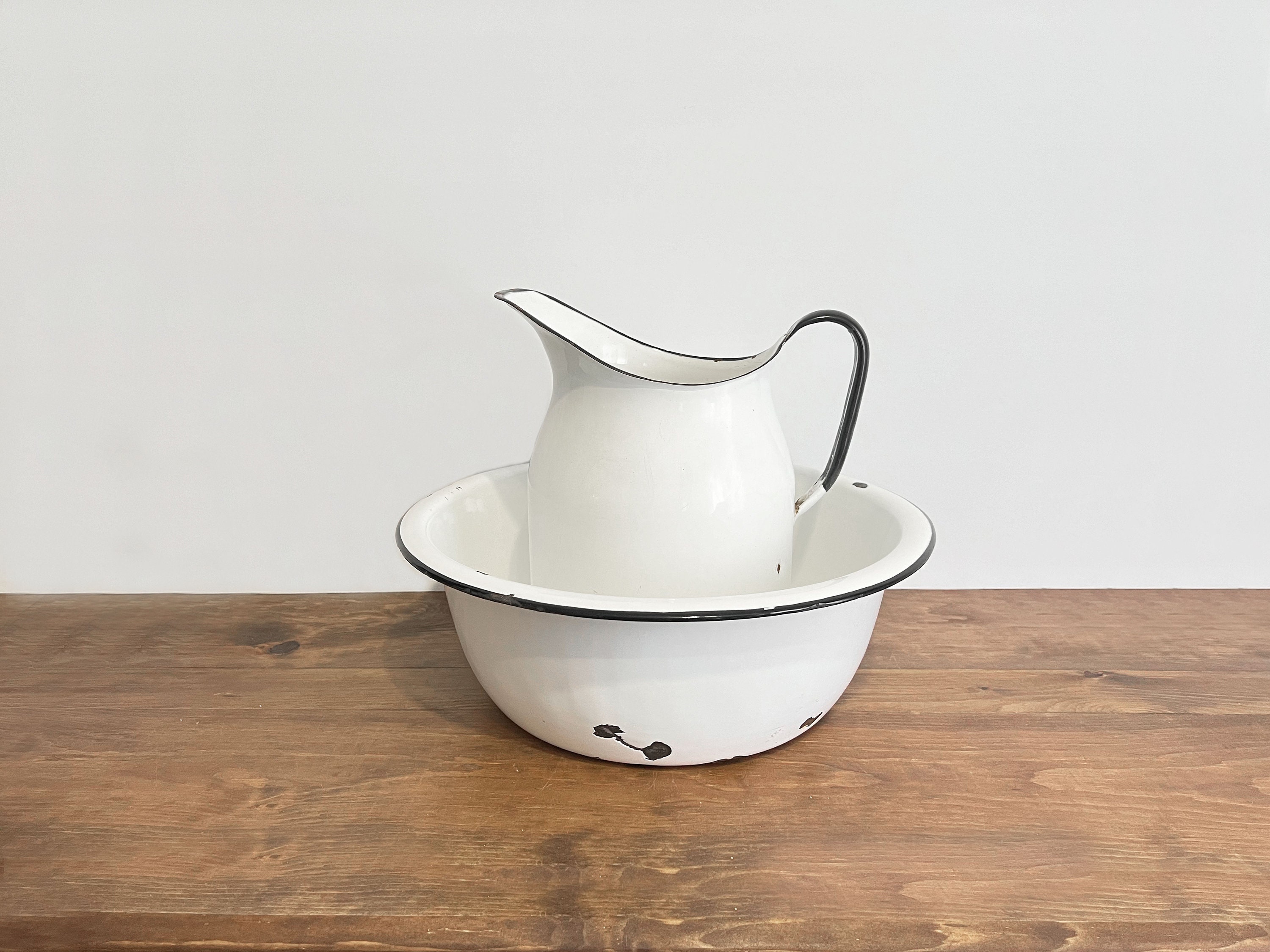 Vintage White Enamel Pitcher and Wash Basin Antique White and Black ...