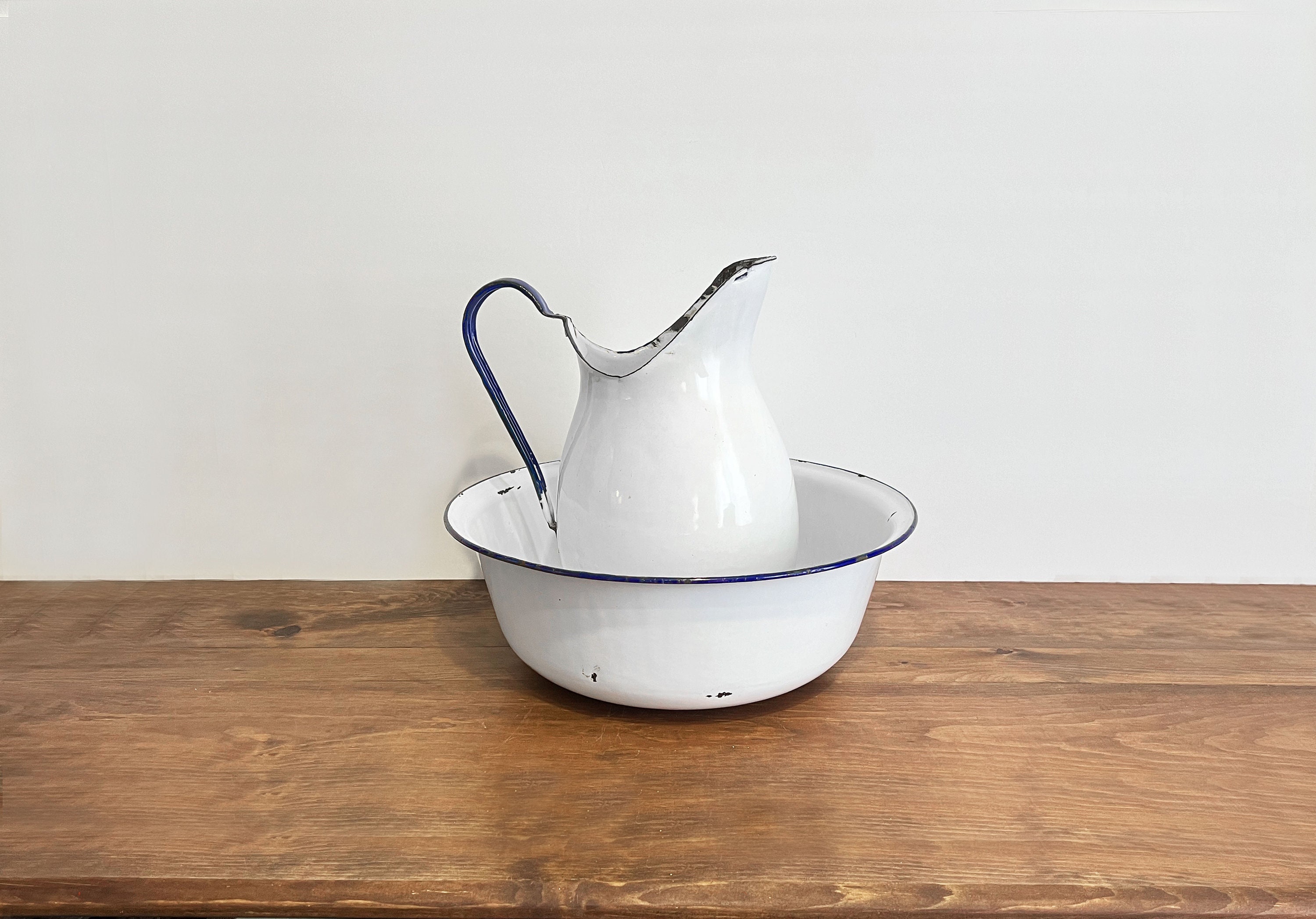 White Enamel Pitcher And Basin Mid Century Italian Ceramic Pitcher