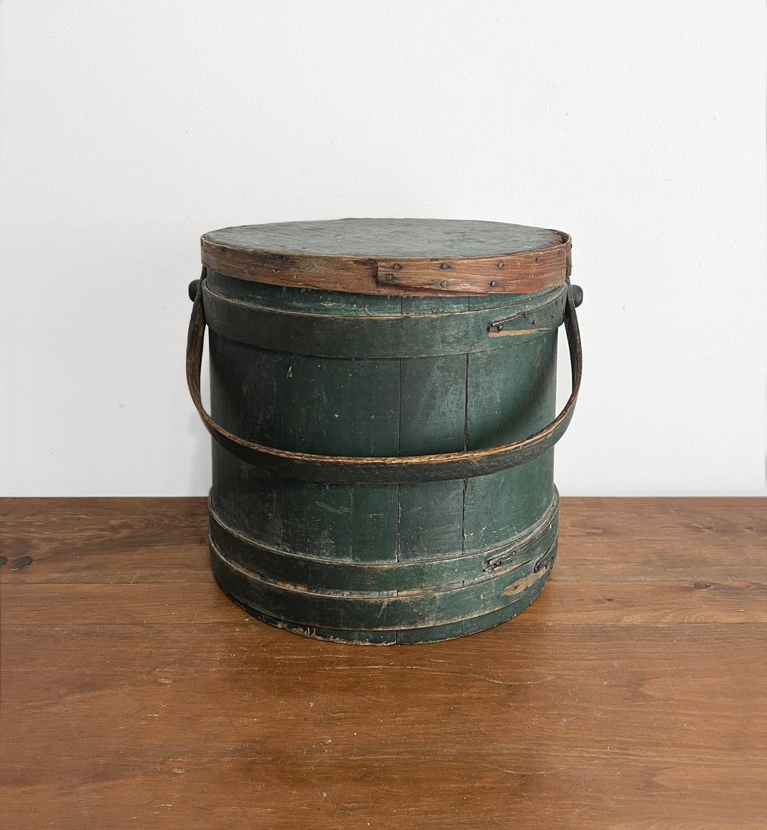 Antique Green Blue Wood Firkin With Cover & Wood Handle 11 ...