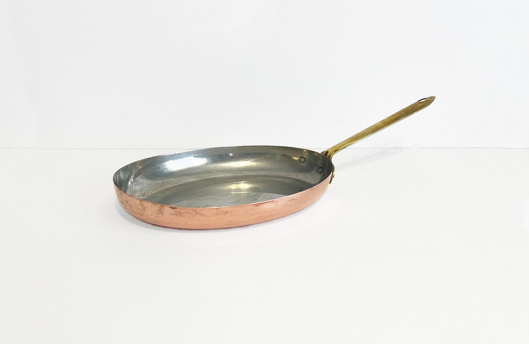 Vintage Copper Oval Fish Frying Pan With Brass Handles Skillets Small ...