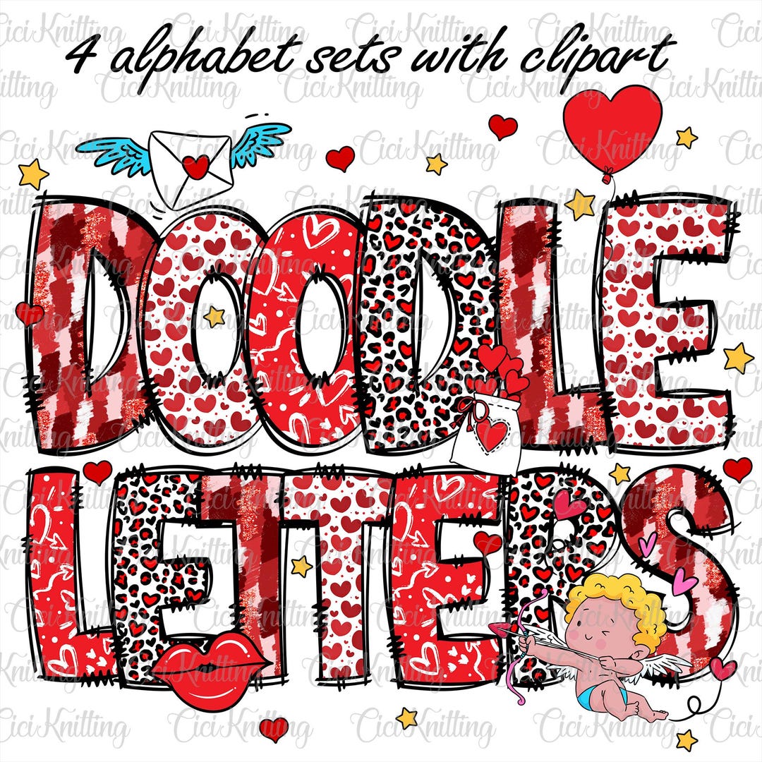 Bundle Valentine Alpha Doodle Letters 4 Set Png, Valentine Heart ABC ...