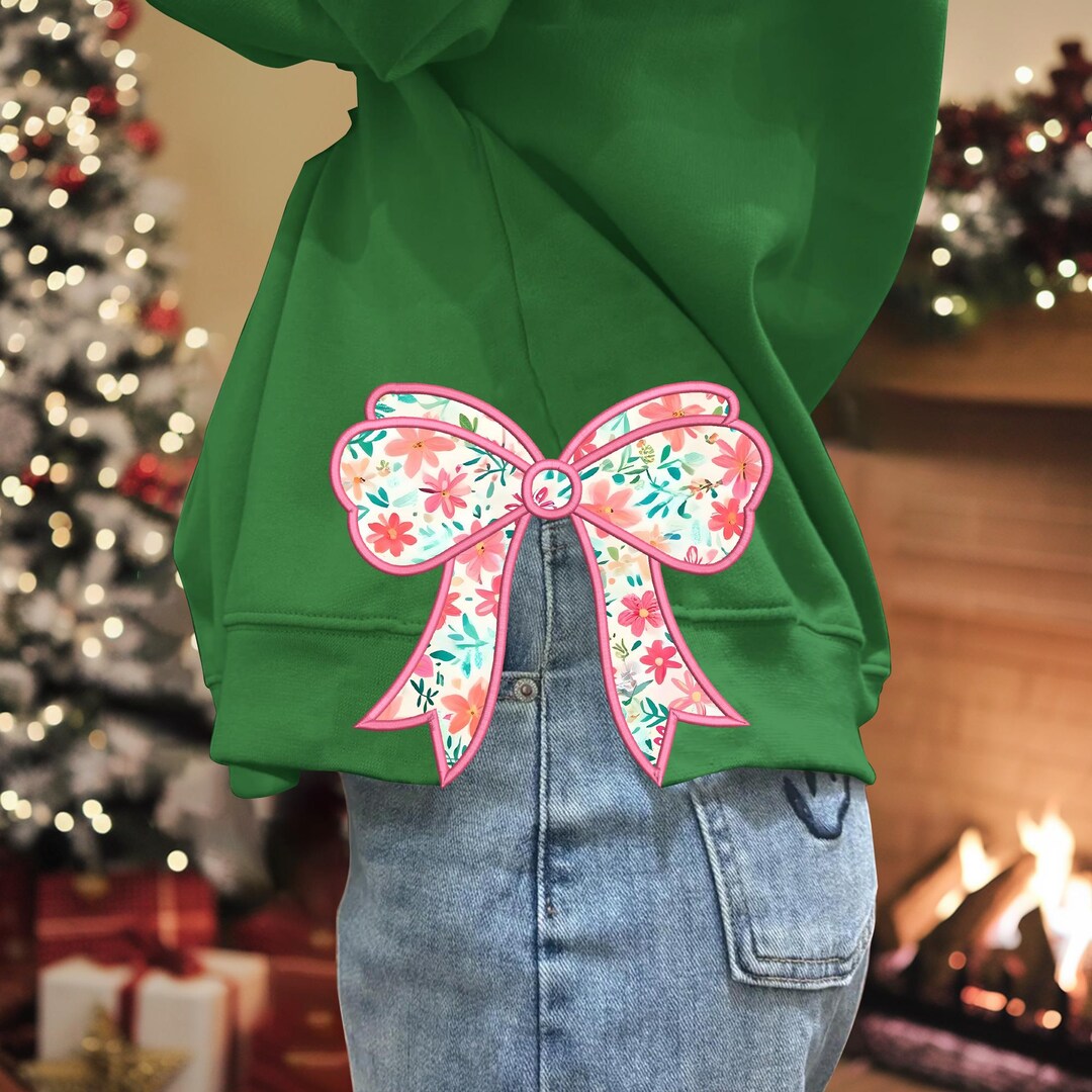 Side Bow Applique Sweatshirt Embroidery Design, Floral Bow Christmas ...