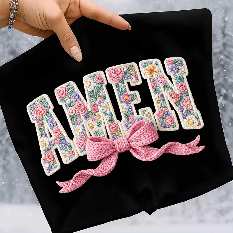 Coquette Amen Faux Yarn Png, Floral Christian Knitted Png, Amen Varsity ...