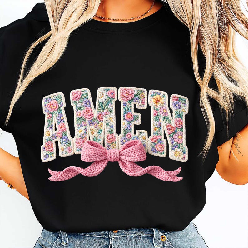 Coquette Amen Faux Yarn Png, Floral Christian Knitted Png, Amen Varsity ...