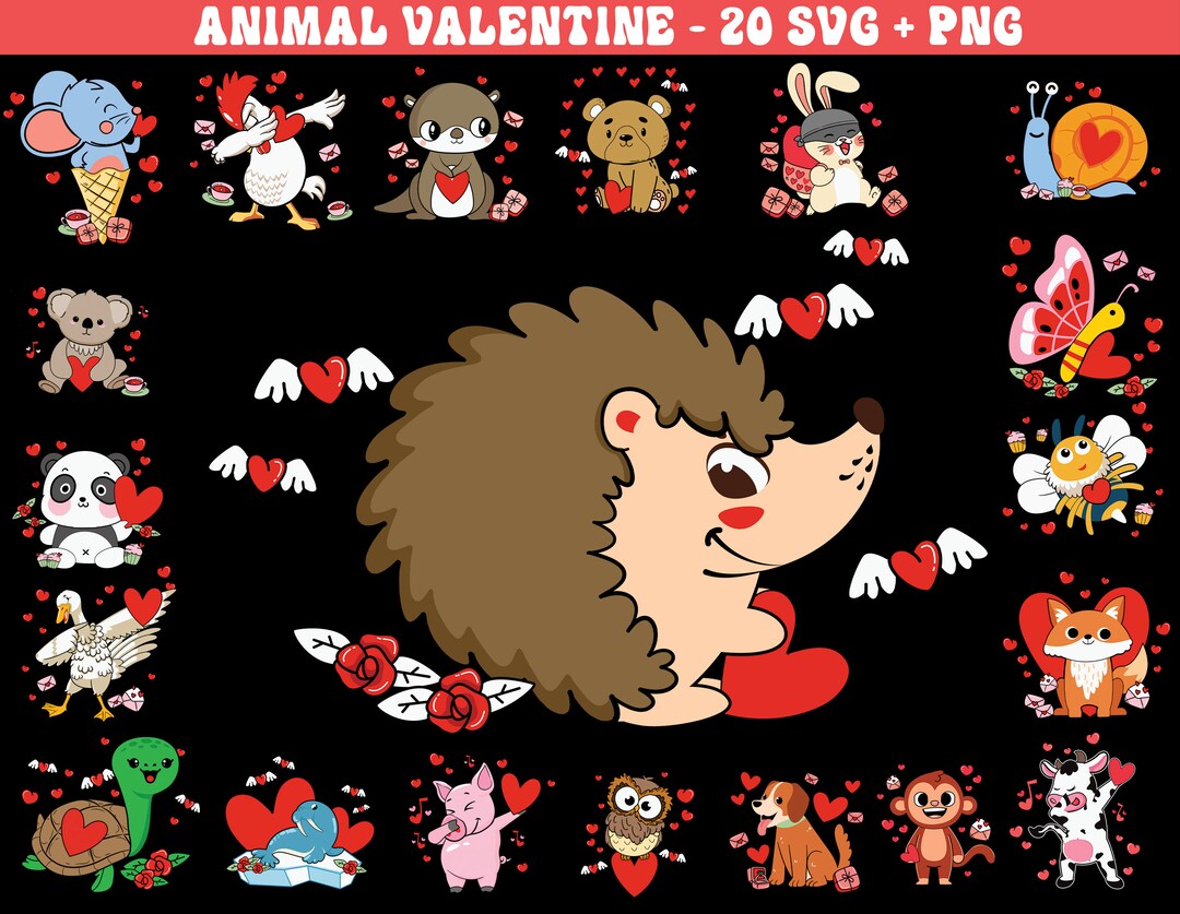 Cute Animals Valentines SVG Bundle, Cricut, Silhouette, EPS, PNG, Cute ...